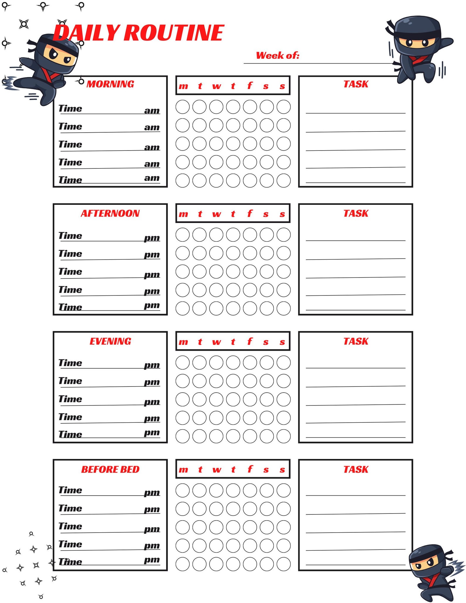 Ninja Printable Daily Routine Chart, Daily Routine Chart for Kids ...