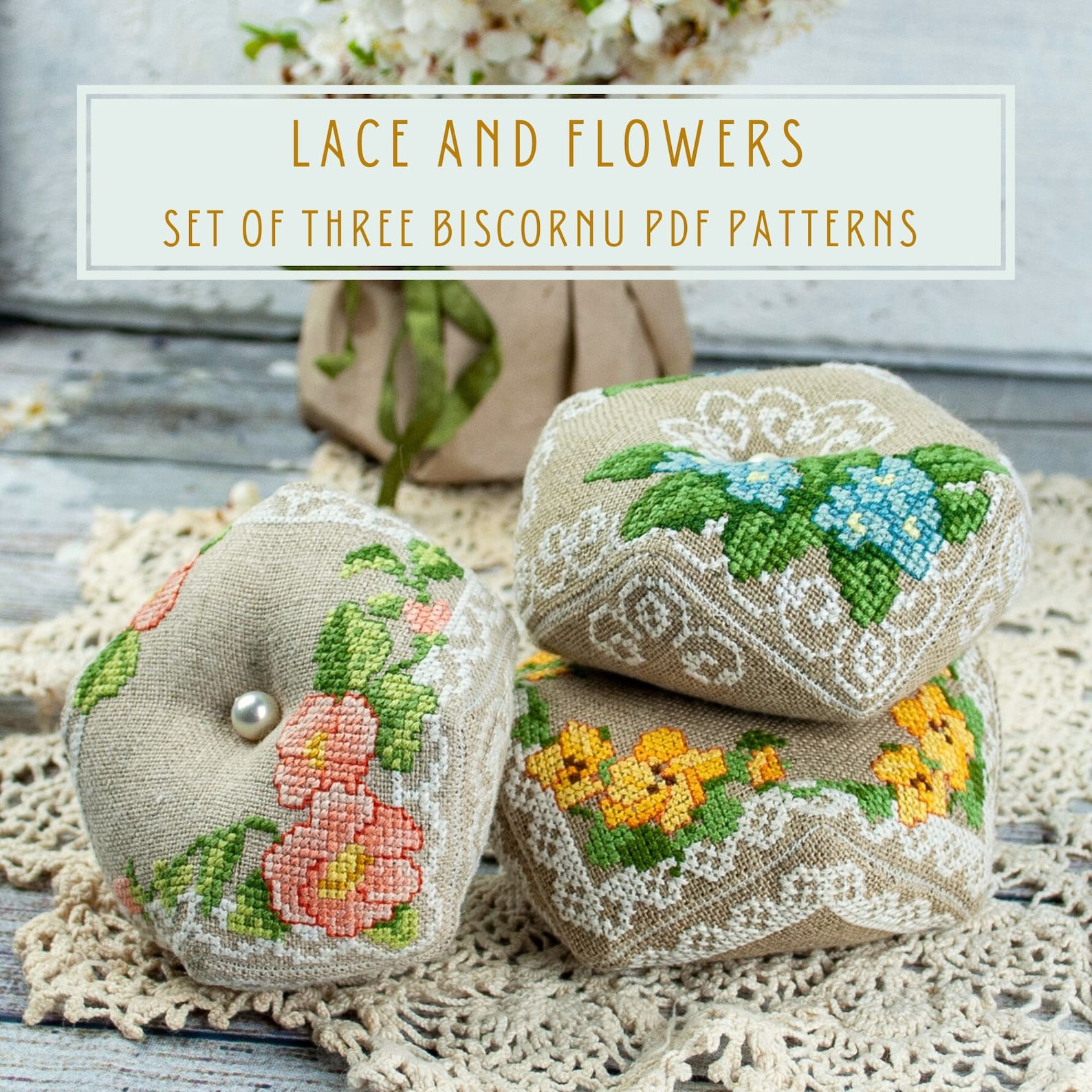 Set of Provence Biscornu Cross Stitch Patterns Lace & Flowers (PDF ...