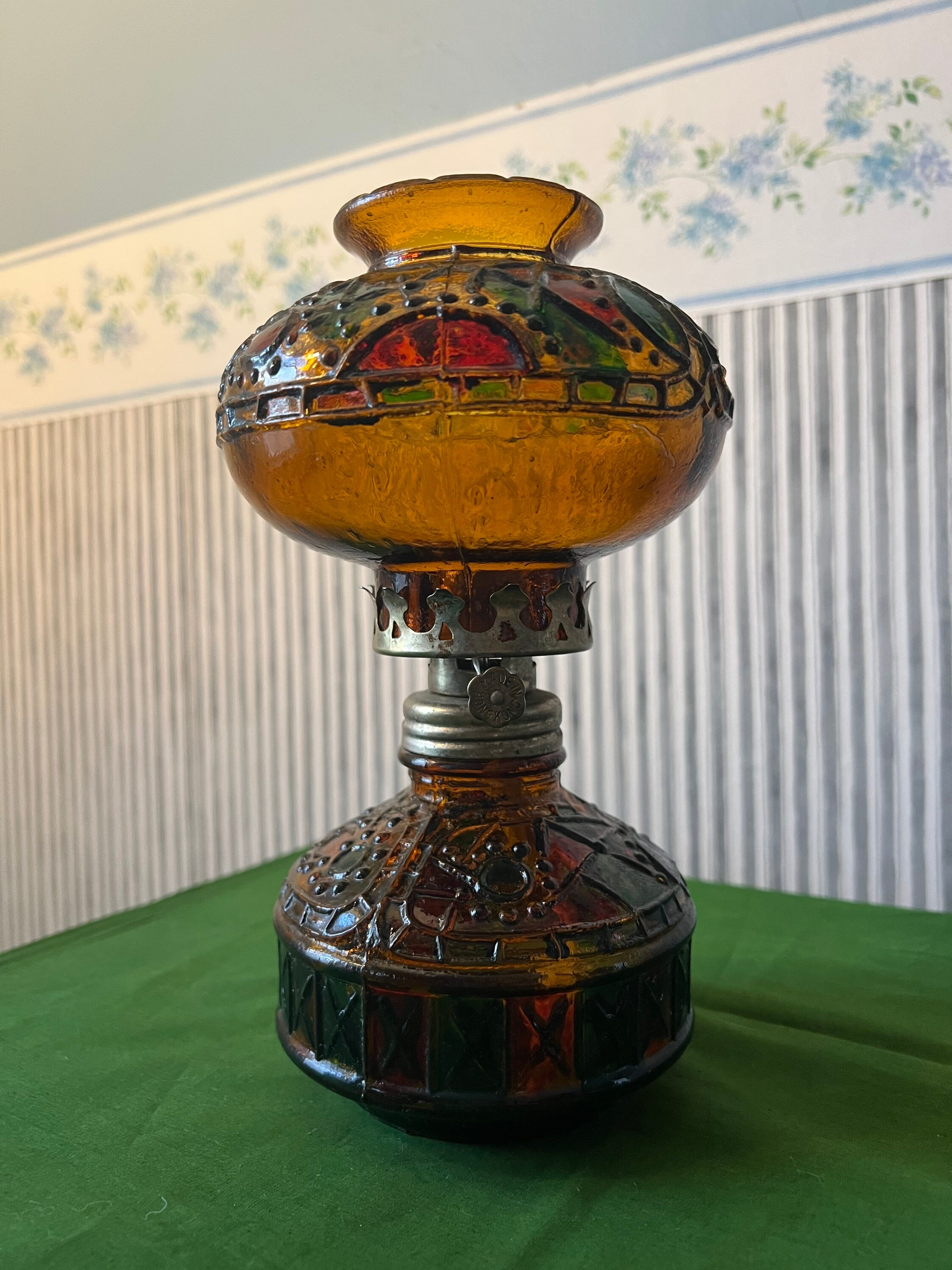 Hand Painted Amber Glass Oil Lamp - Etsy