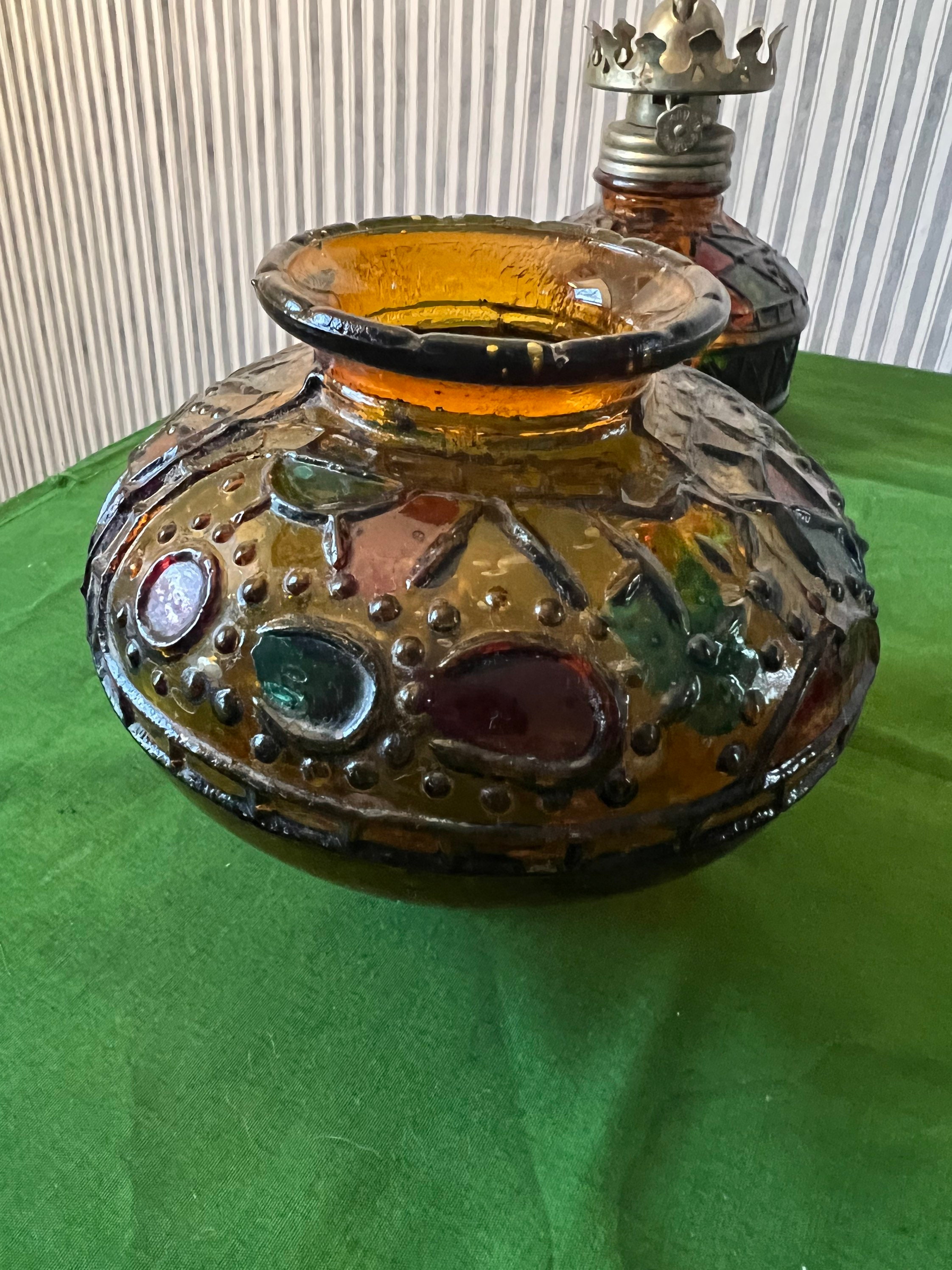 Hand Painted Amber Glass Oil Lamp | Etsy