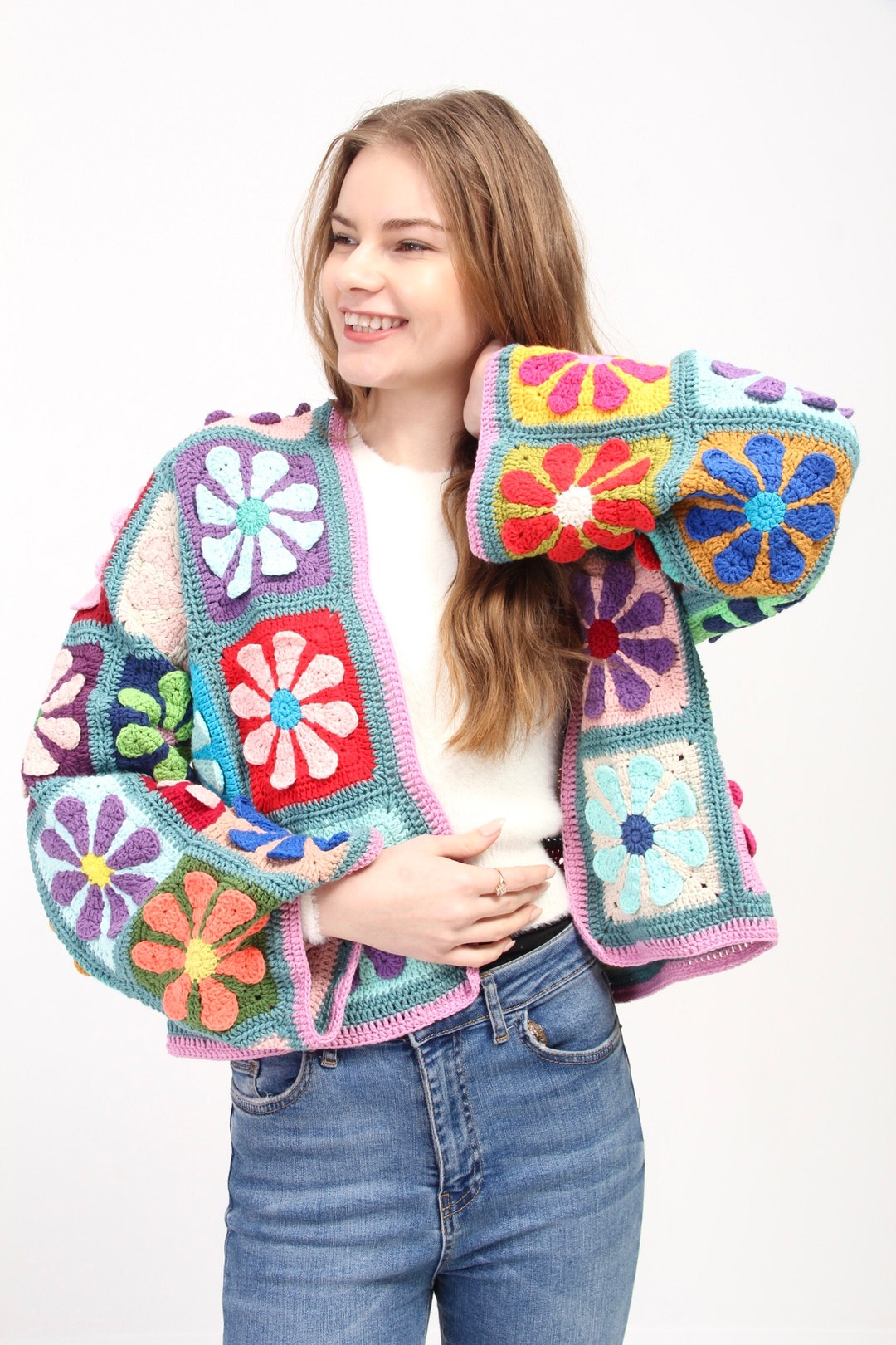 Crochet Boho Sweater,knit Women Cardigan, Granny Square Afghan Cardigan ...