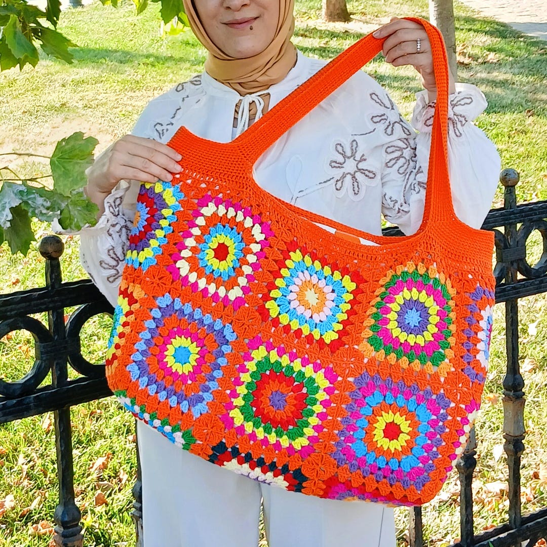 Granny Square Tote Bag, Shoulder Bag Purses for Women, Orange Purse and ...