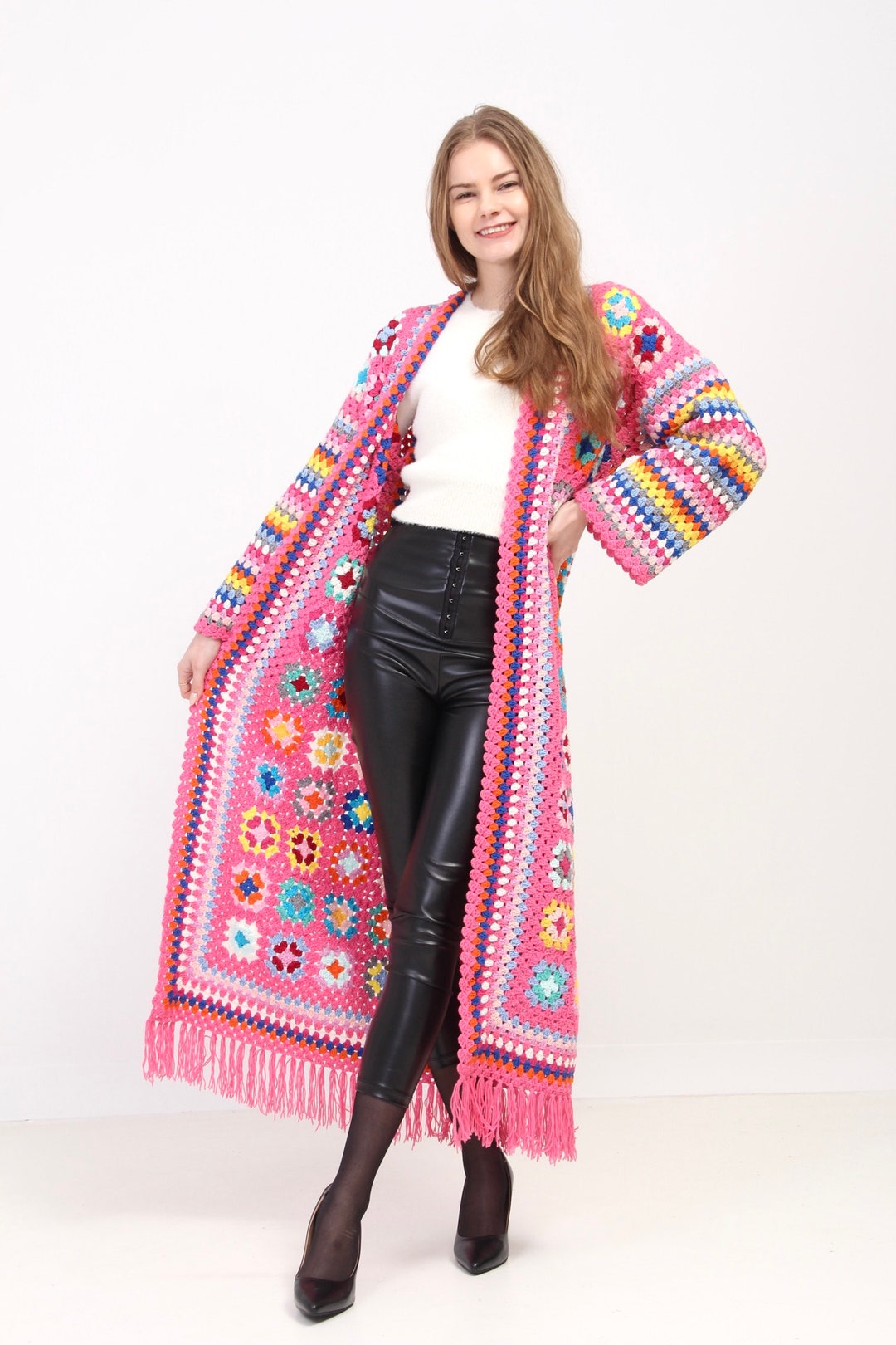 Pink Granny Square Sweater, Pink Patchwork Jacket, Long Granny Square ...
