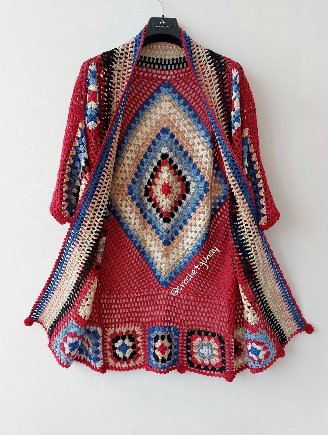 Crochet Granny Square Cardigan, Crochet Boho Jacket, Patchwork Red Sweater, Owersize Granny Coat ...