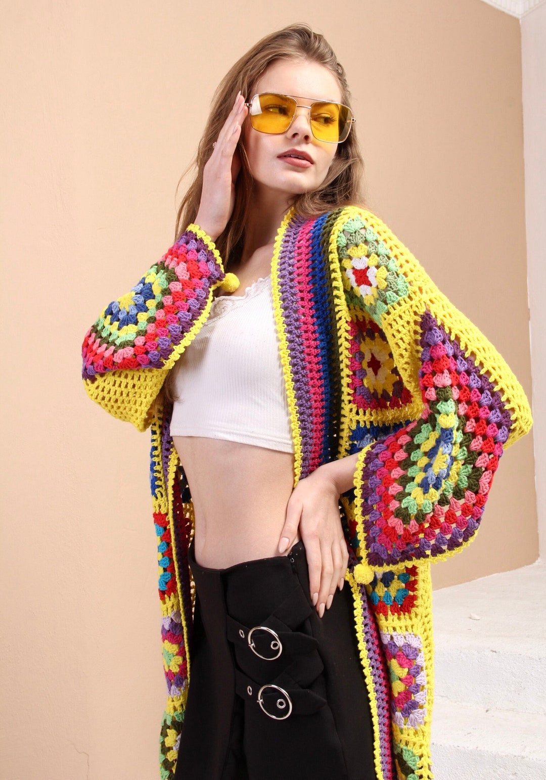 Crochet Boho Jacket, Yellow Granny Square Sweater, Patchwork Long ...