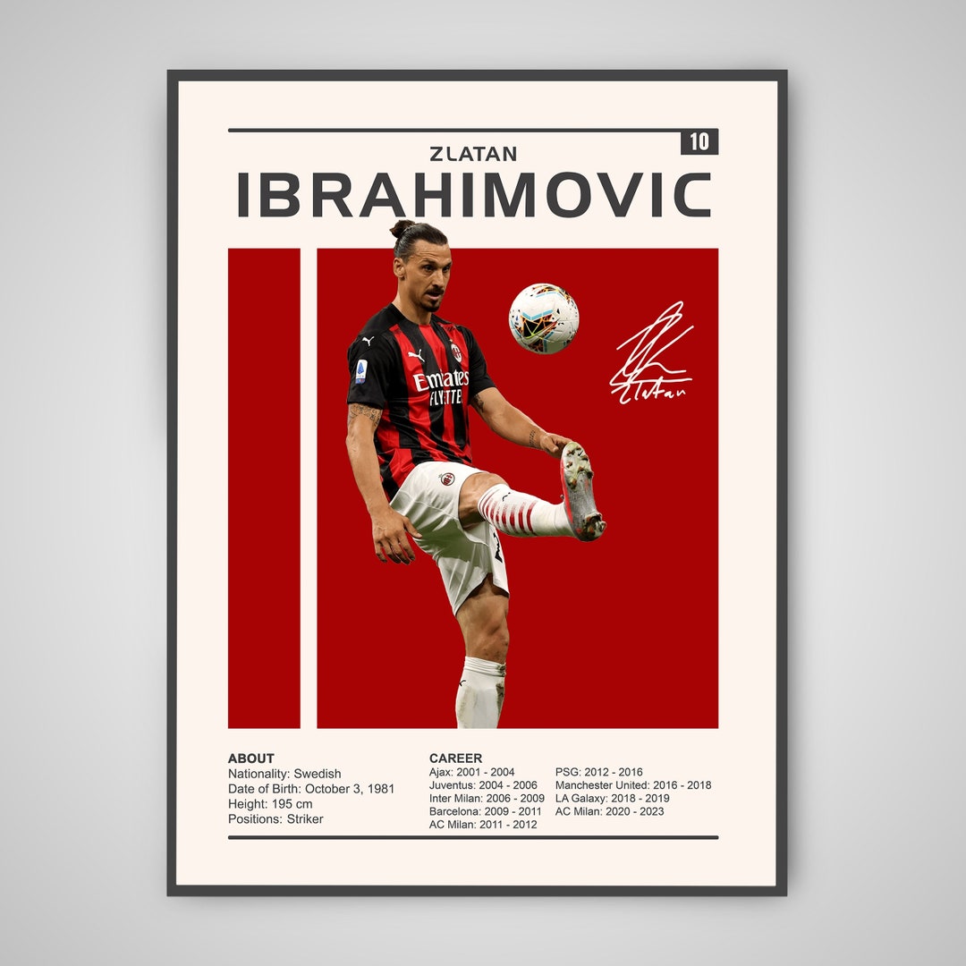 Zlatan Ibrahimovic Poster, AC Milan Wall Art, Football Print, Football ...