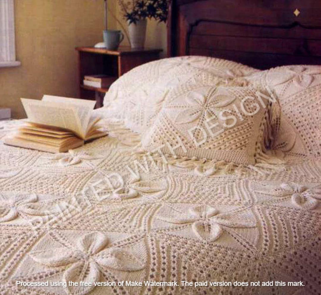 Apricot Leaf Feathered Border Knitted Counterpane Afghan, Blanket, Throw, Bedspread, Knitting ...
