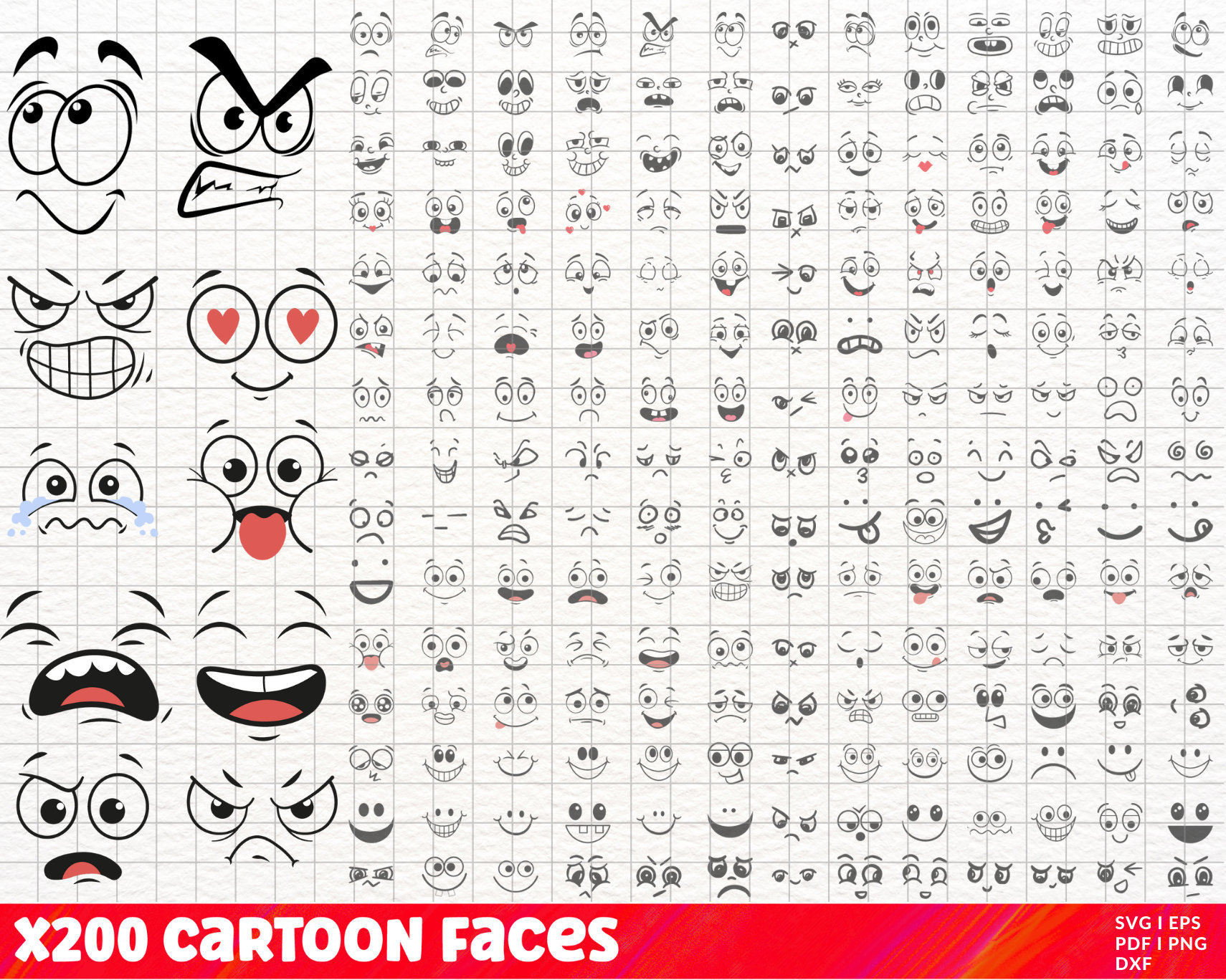 Paquete SVG de caras de emoción de dibujos animados, cara Kawaii SVG ...