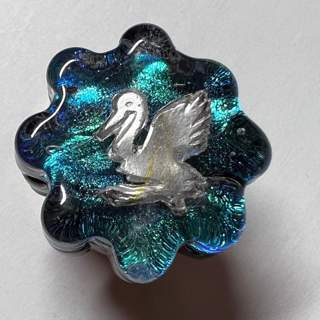 Studio Button With Hand Hammered Fine Silver Pelican Encased in a ...