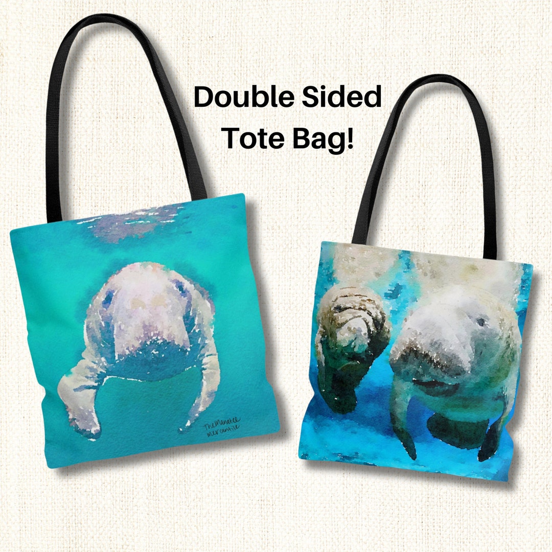 Manatee Tote Bag With Double Sided Watercolor Art, Shopping Book Bag ...