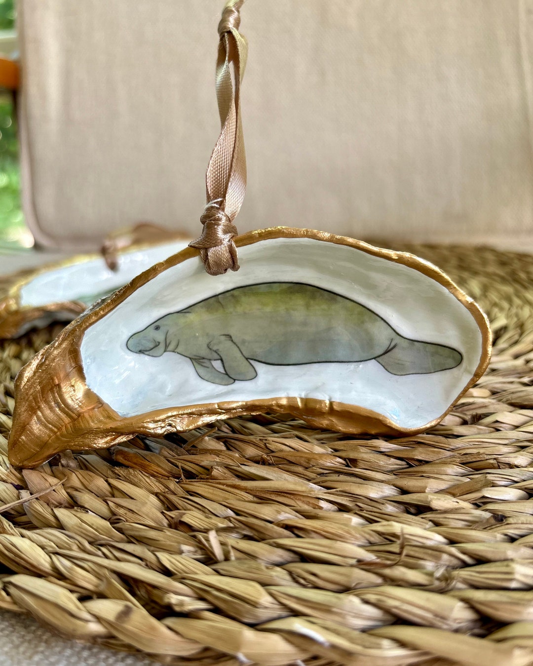 Manatee Christmas Ornament in Horizontal Elegant Green, Gilded Oyster ...