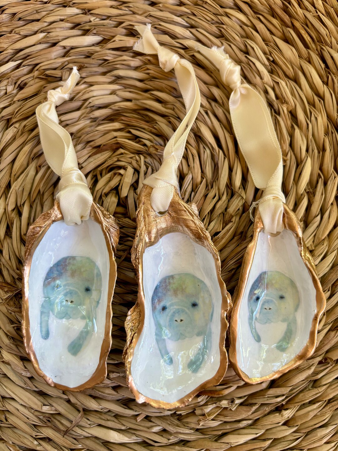 Manatee Ornament, Small Painted Oyster Shell Ornament, Manatee Lover ...