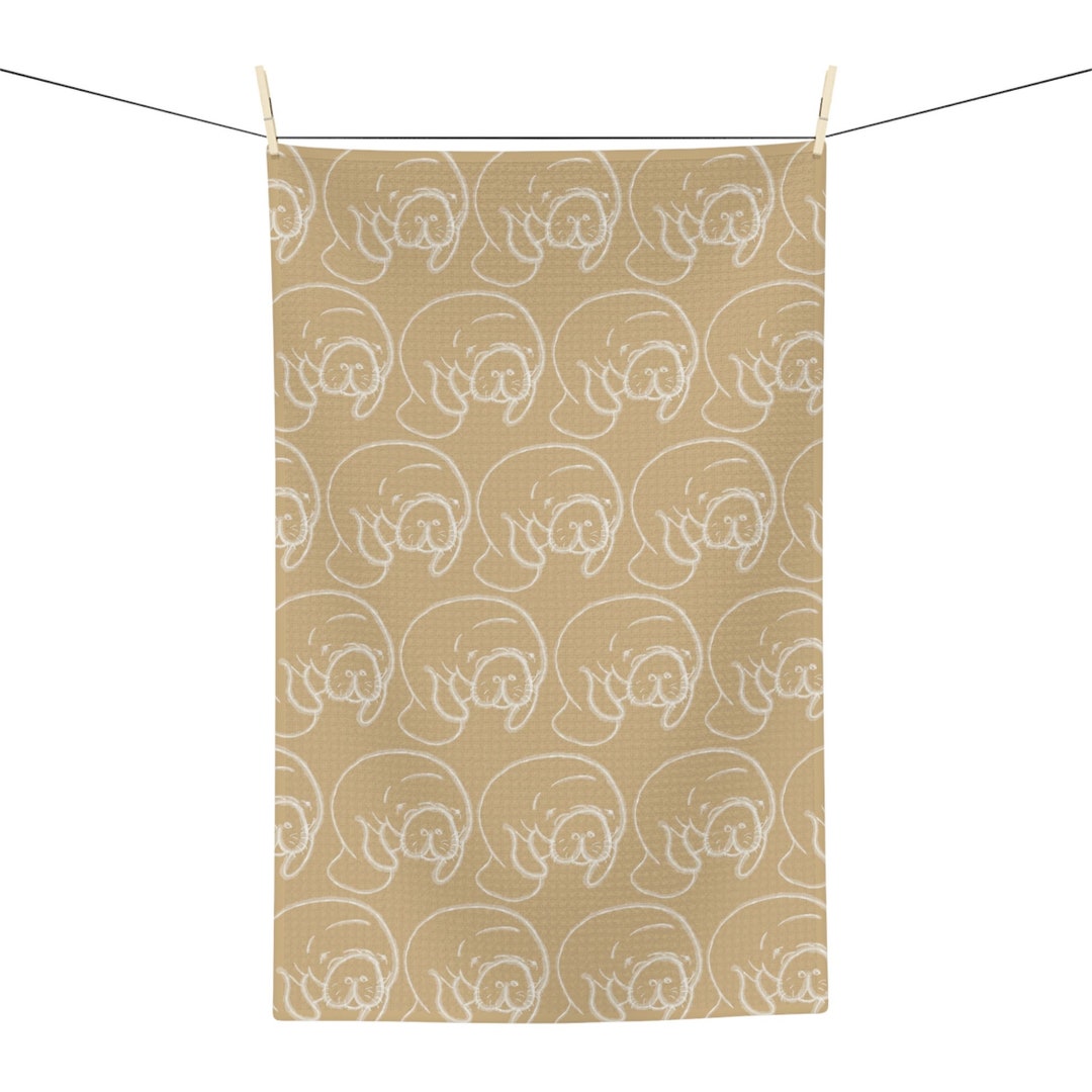 Manatee Tea Towel Tan and White Pattern, Cute Animal Kitchen Towel ...