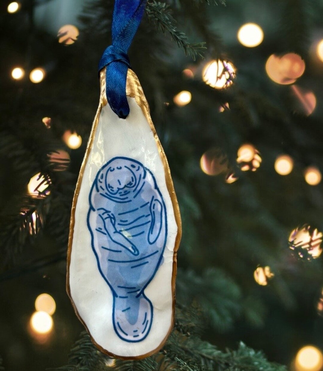 Manatee Christmas Ornament in Blue and White, Decoupage Oyster Shell ...