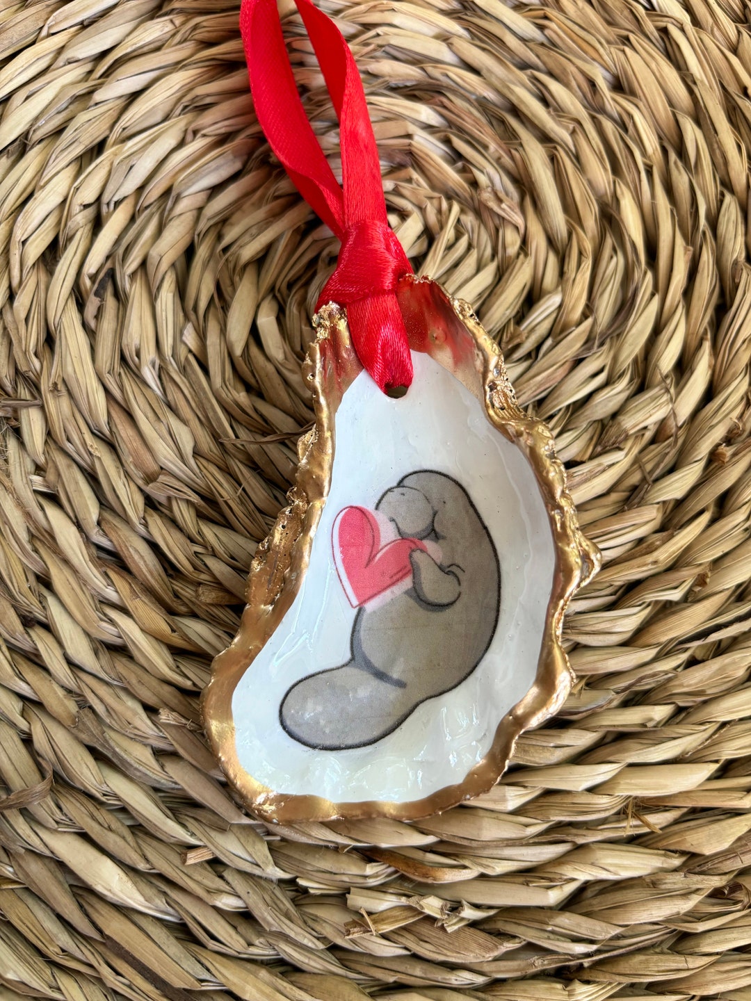 Manatee Christmas Ornament, Seacow Ornament, Decoupage Oyster Shell ...