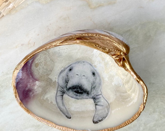 Small Manatee Ring Dish With Natural Clam Shell, Jewelry Holder ...