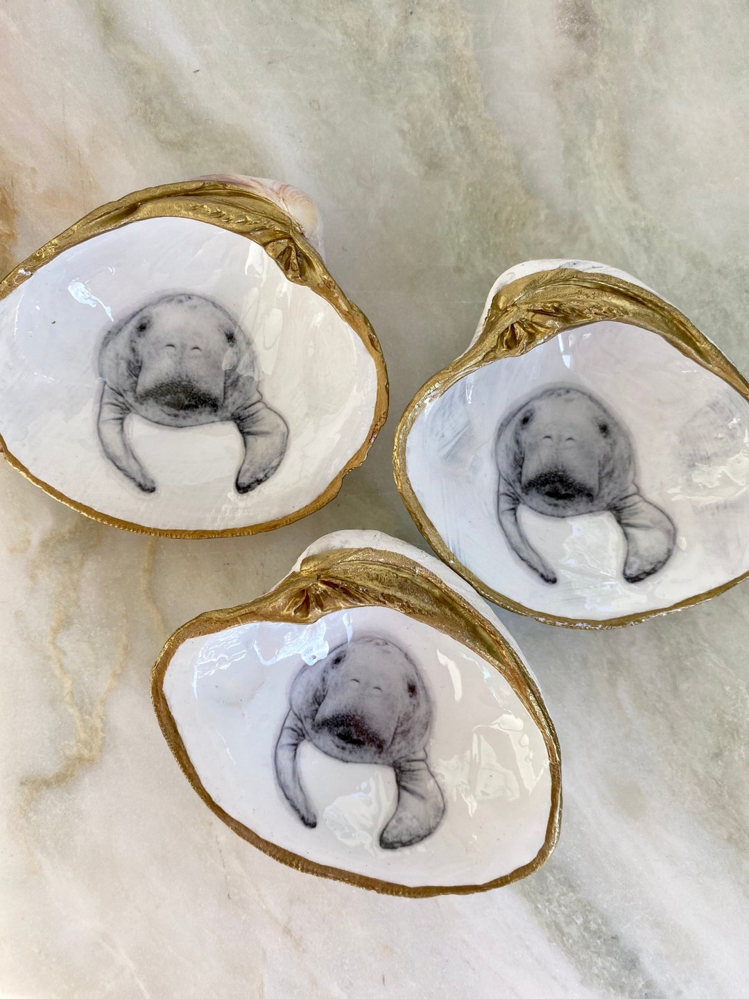 Medium Black White Manatee Decoupage Clam Shell Trinket Ring Dish ...
