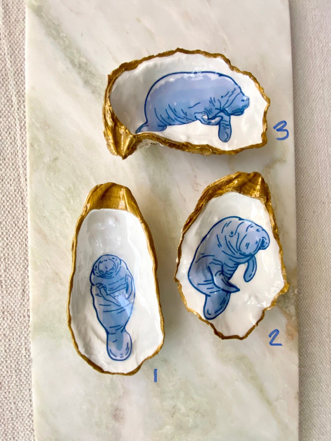 Blue & White Manatee Oyster Trinket Dish, Manatee Jewelry Ring Holder ...