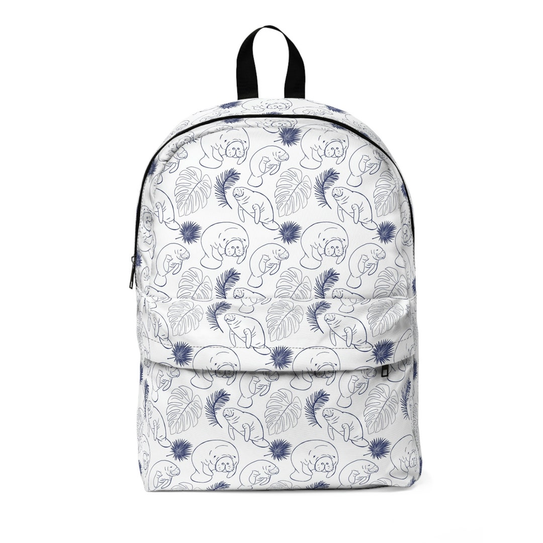Manatee Backpack in Navy and White Manatee Monstera Pattern, Unisex ...