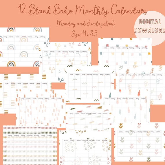 Boho Monthly Calendar Printable Boho Calendar Blank School - Etsy India