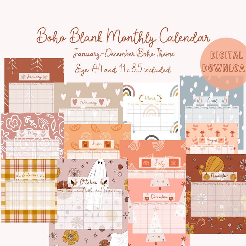 Adorable Boho Monthly Calendar - Seasonal & Holiday Focus - Digital ...
