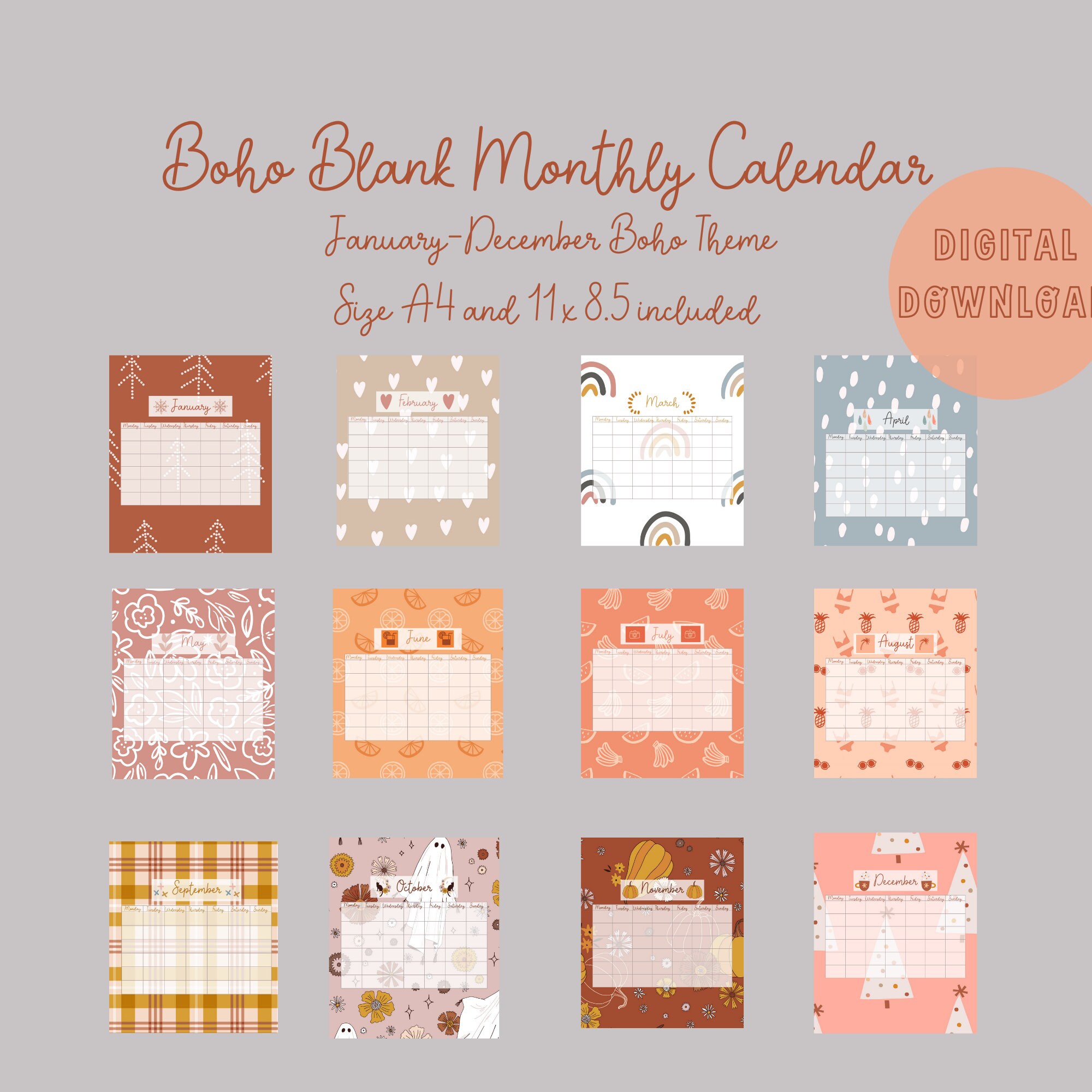 Adorable Boho Monthly Calendar - Seasonal & Holiday Focus - Digital ...