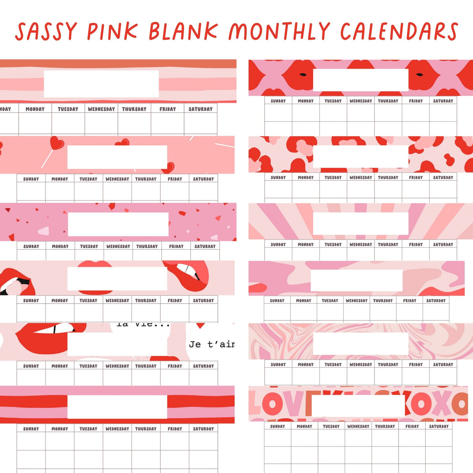 Brat Lip-themed 12-month Calendar - Bold Red & Pink Digital Download ...