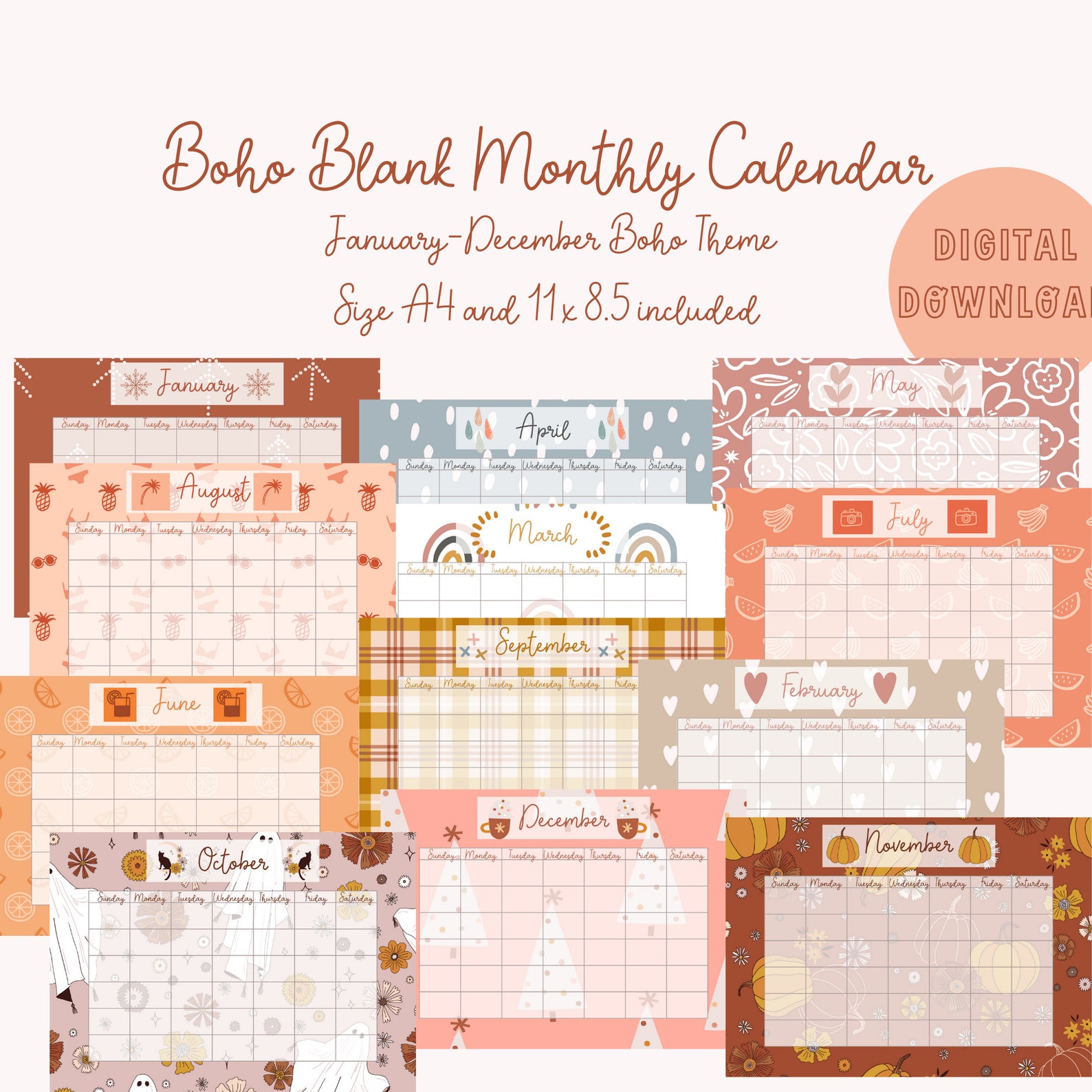 Adorable Boho Monthly Calendar - Seasonal & Holiday Focus - Digital ...
