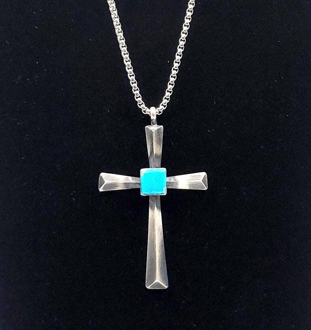 Turquoise Cross Necklace Vintage Silver Cross Turquoise Native American ...