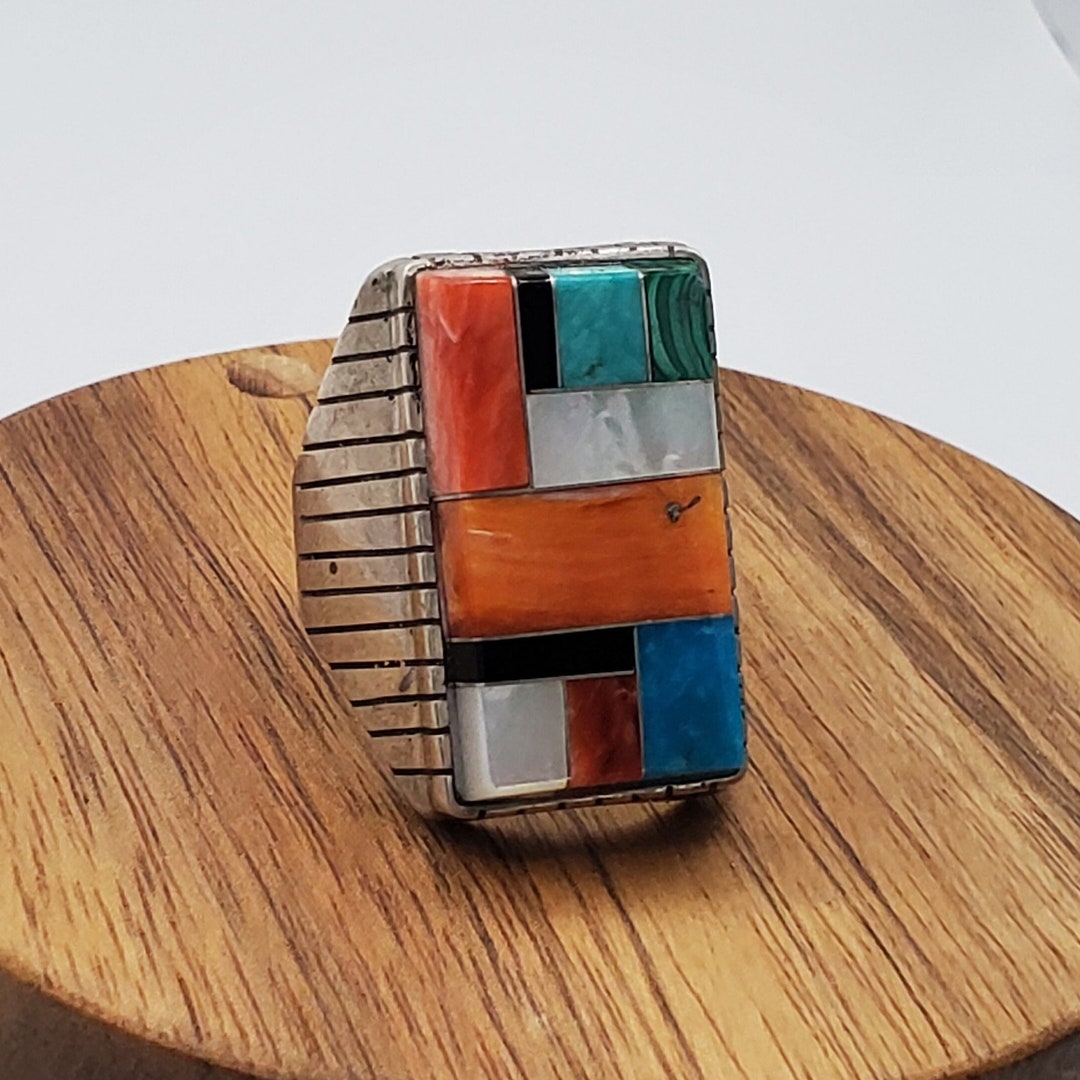 Multi Color Ring Mens Geometric Ring Big Sterling Silver Ring With ...