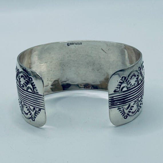 Wide sterling silver cuff bracelet stamped handmade b… - Gem