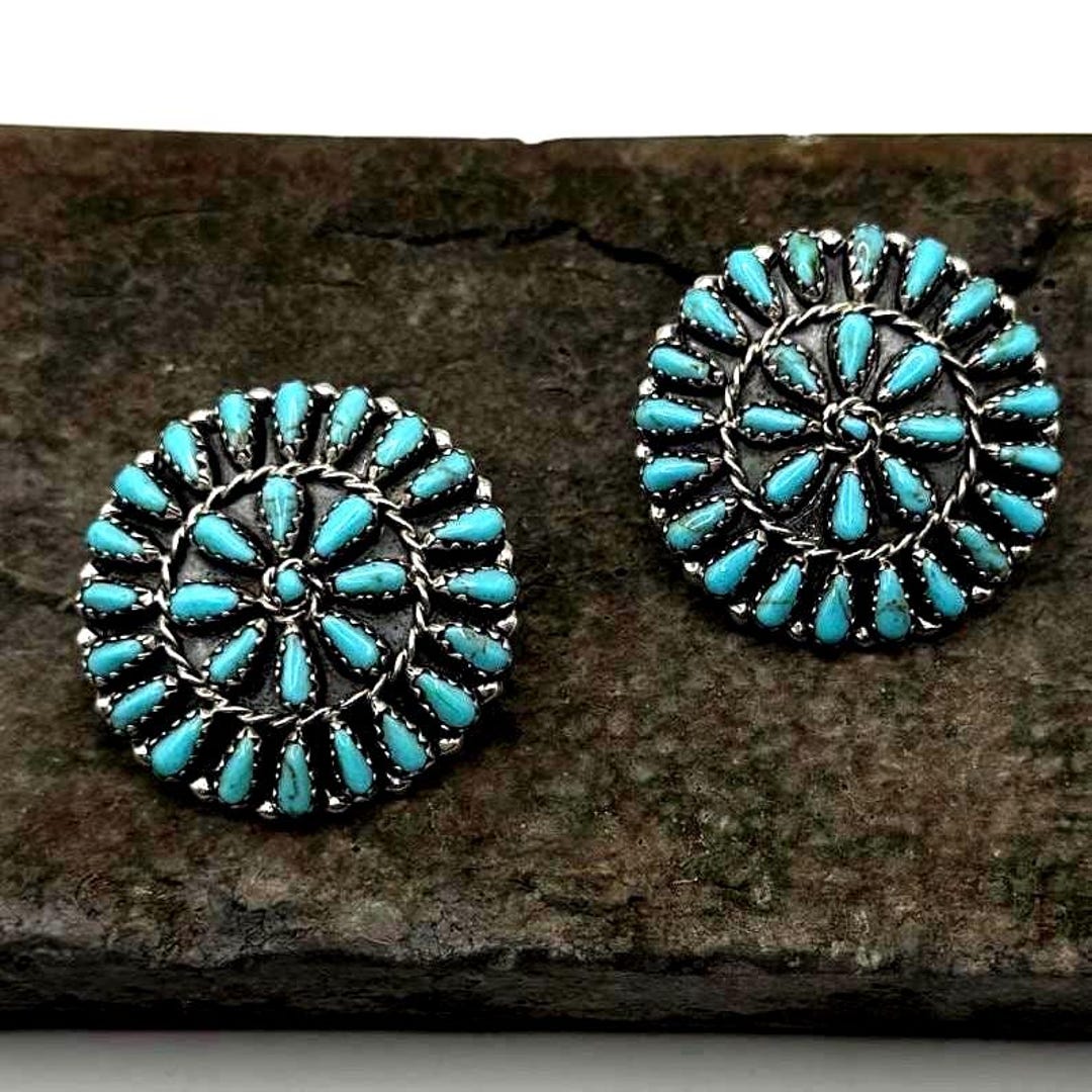 Turquoise Cluster Earrings, Silver Everyday Wear Earrings, Round ...