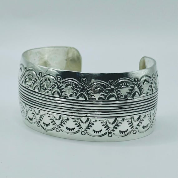 Wide sterling silver cuff bracelet stamped handmade b… - Gem