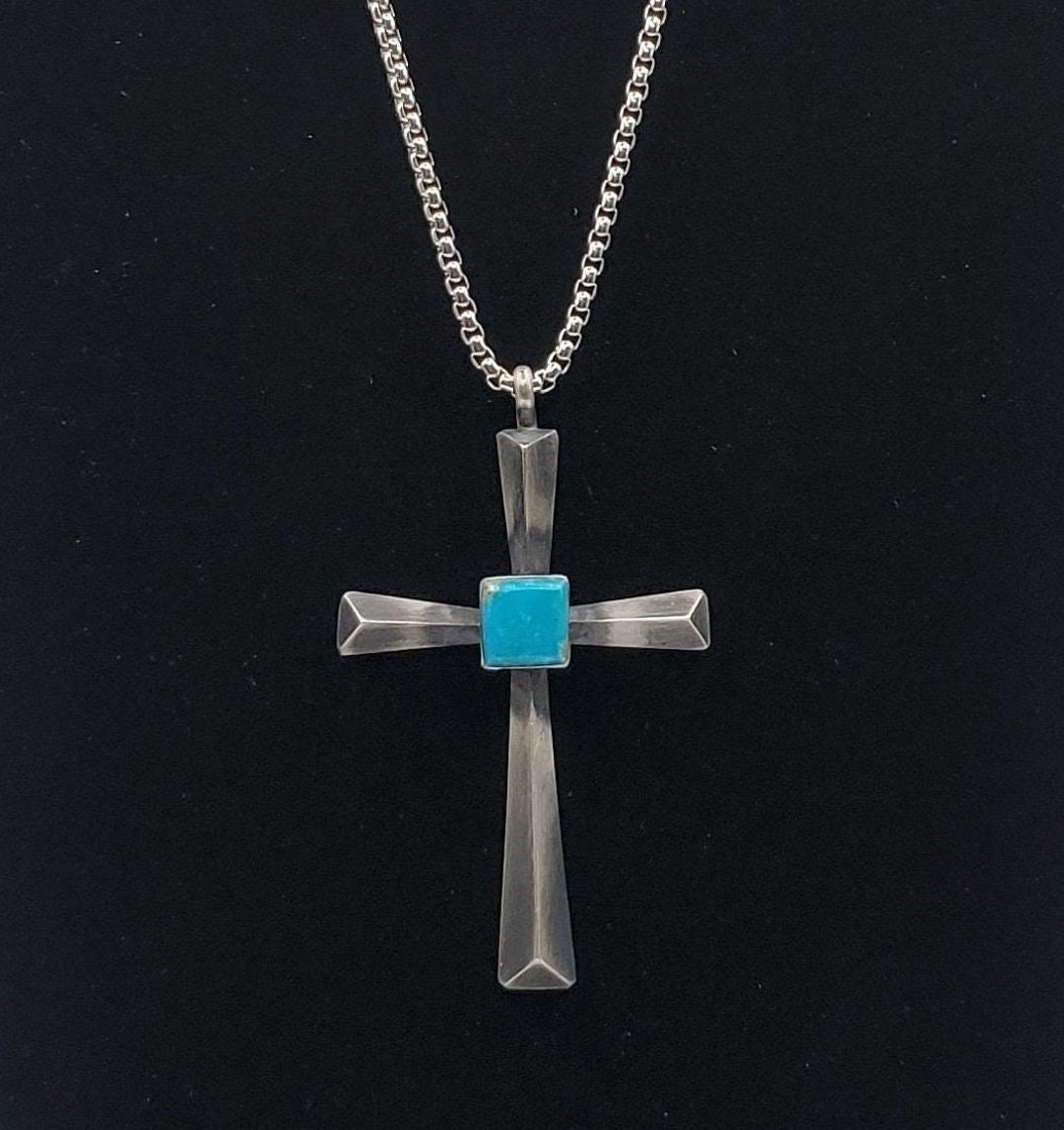 Turquoise Cross Necklace Vintage Silver Cross Turquoise Native American ...