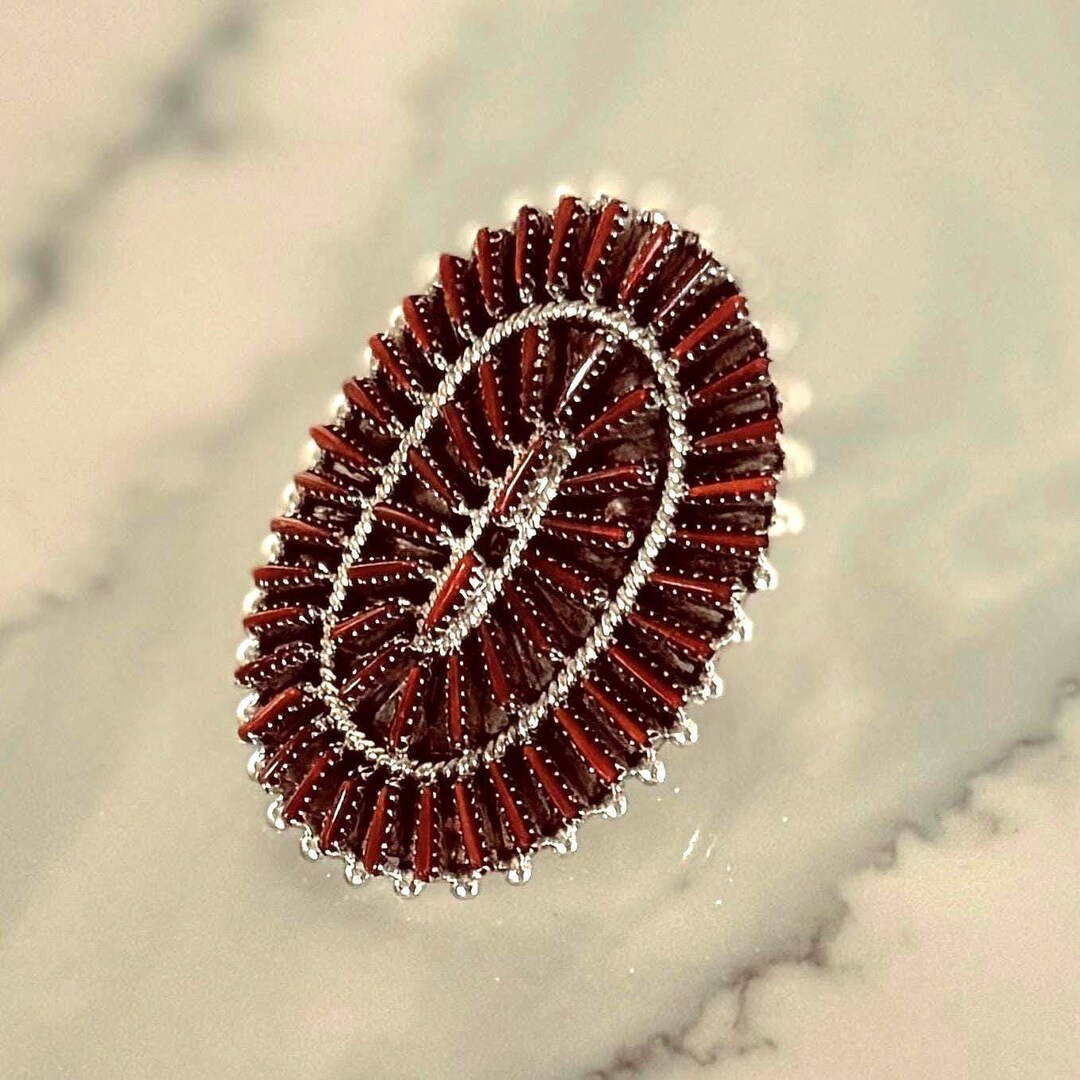 Red Coral Needlepoint Ring Large Statement Jewelry Handmade Sterling ...