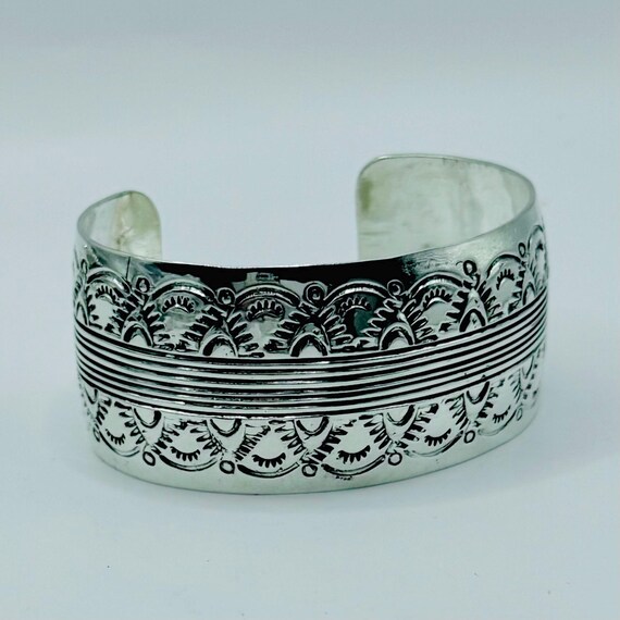 Wide sterling silver cuff bracelet stamped handmade b… - Gem