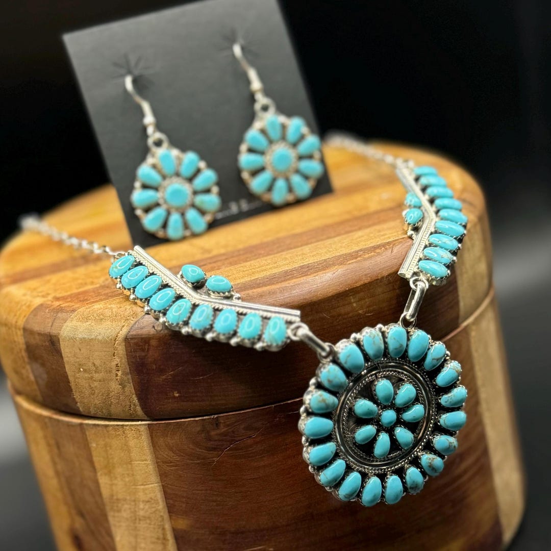 Turquoise Cluster Statement Necklace and Earring Set Silver Boho ...
