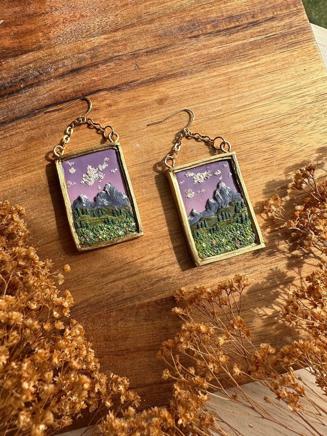 Framed Mountain Landscape Earrings | Handmade Polymer Clay Earrings ...