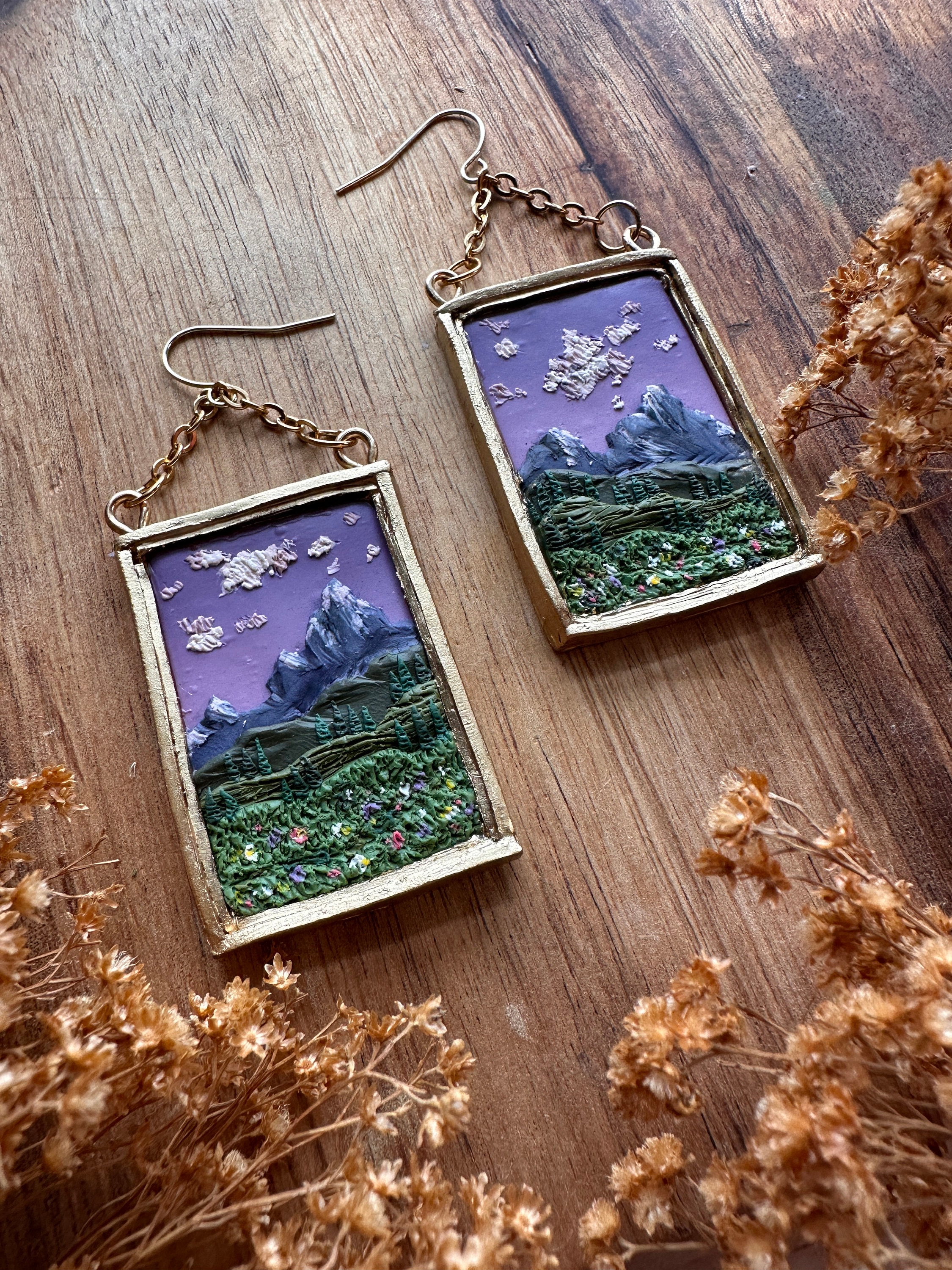 Framed Mountain Landscape Earrings | Handmade Polymer Clay Earrings ...
