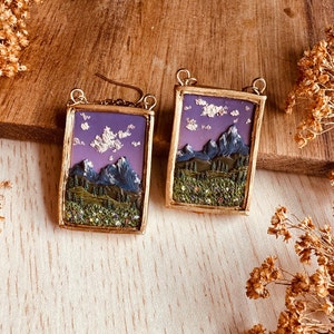 Framed Mountain Landscape Earrings | Handmade Polymer Clay Earrings ...