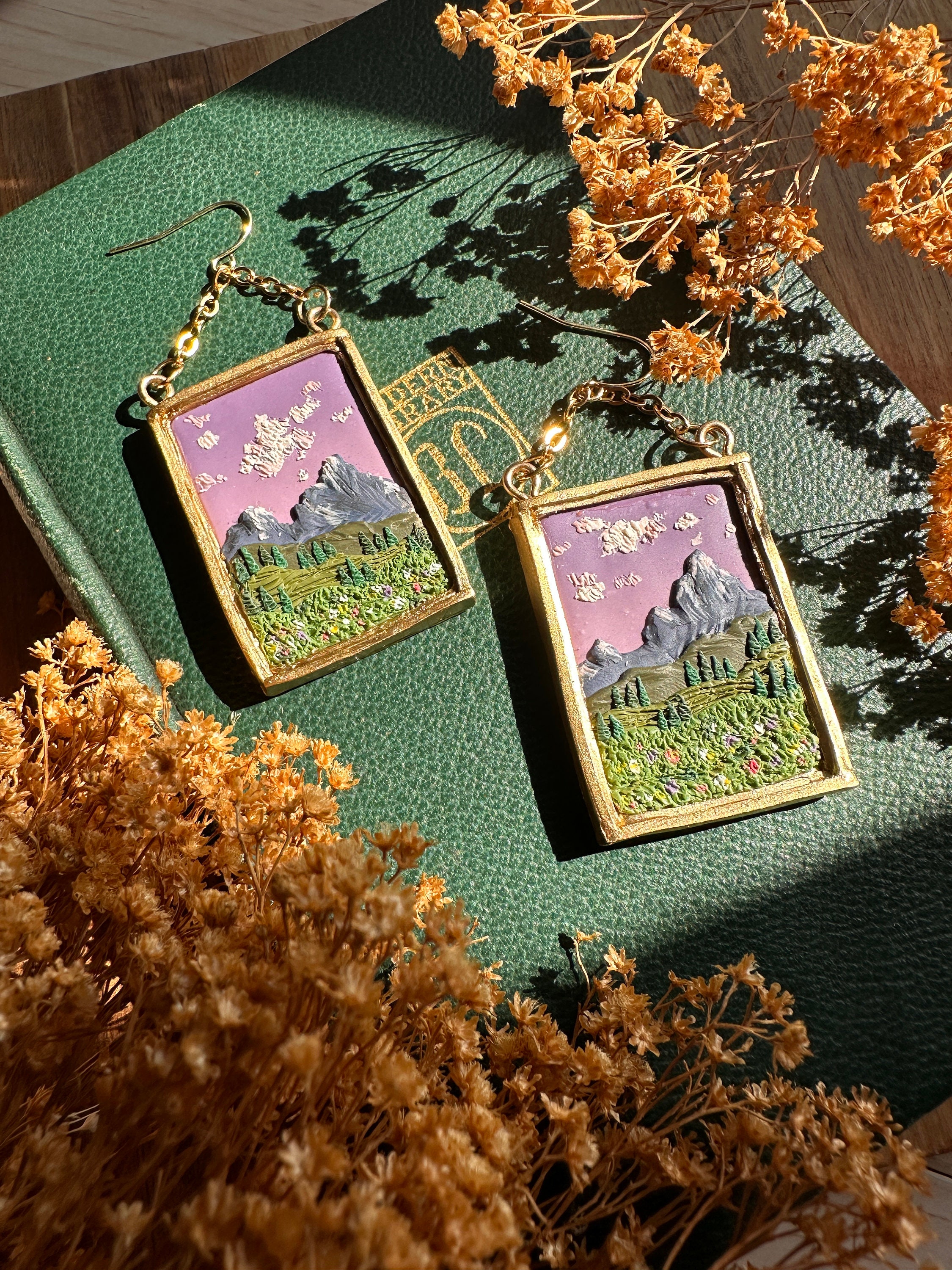 Framed Mountain Landscape Earrings | Handmade Polymer Clay Earrings ...
