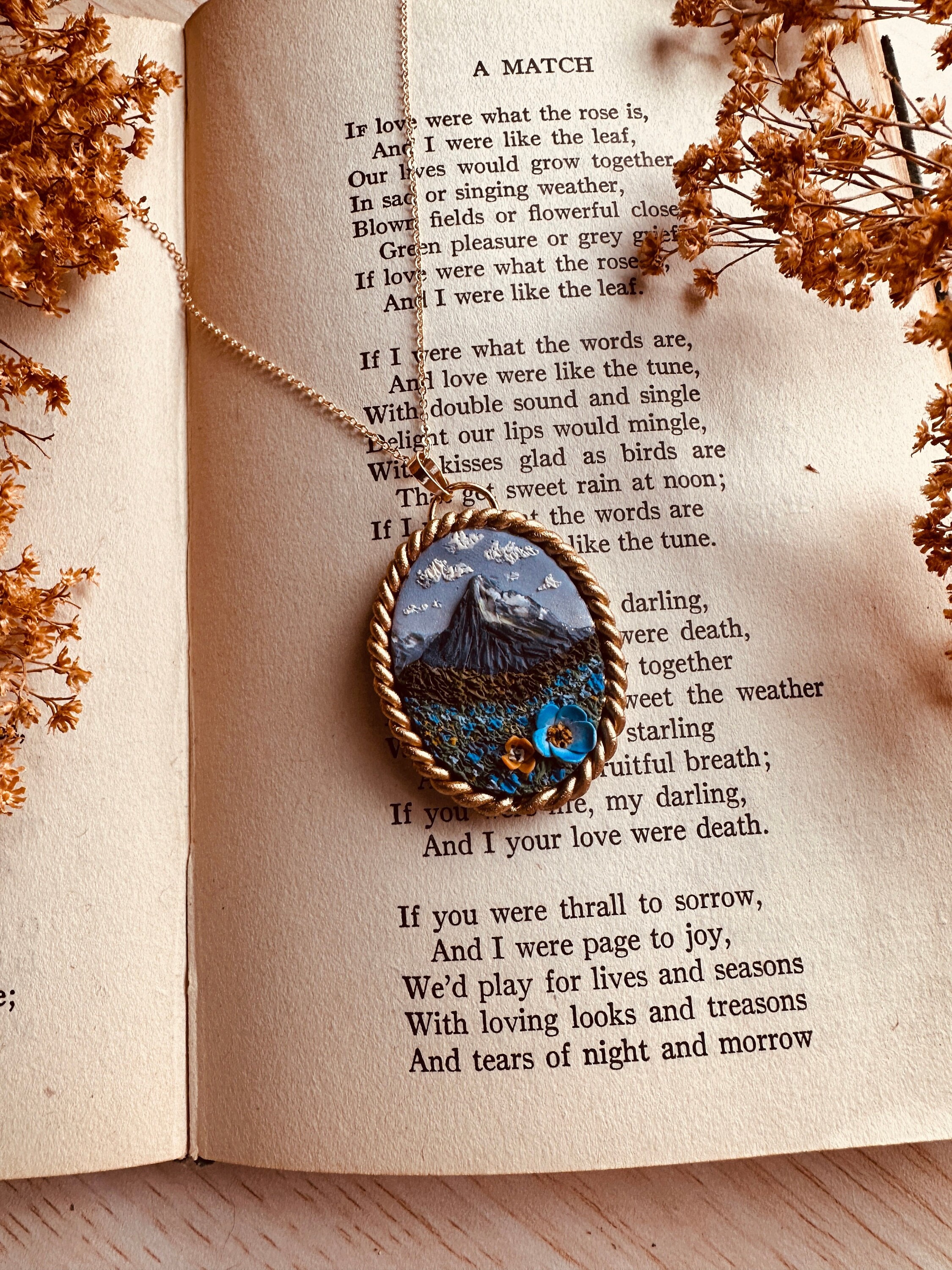 Gold Framed Mountain Landscape Pendant Necklace | Handmade Polymer Clay ...
