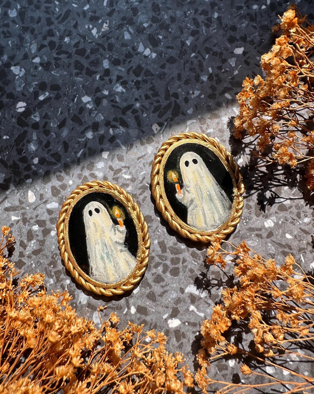 Gold Framed Ghost Earrings | Hand Painted | Polymer Clay Earrings ...
