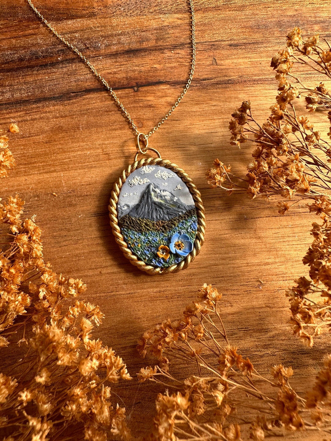 Gold Framed Mountain Landscape Pendant Necklace | Handmade Polymer Clay ...