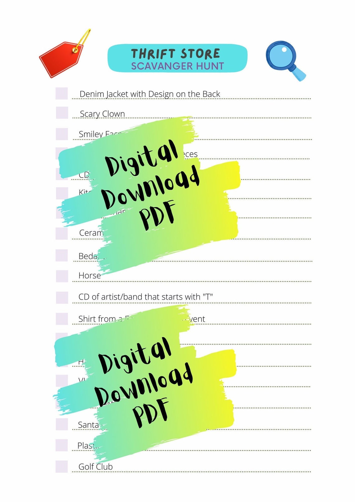 Thrift Store Scavenger Hunt printable PDF Instant Download - Etsy