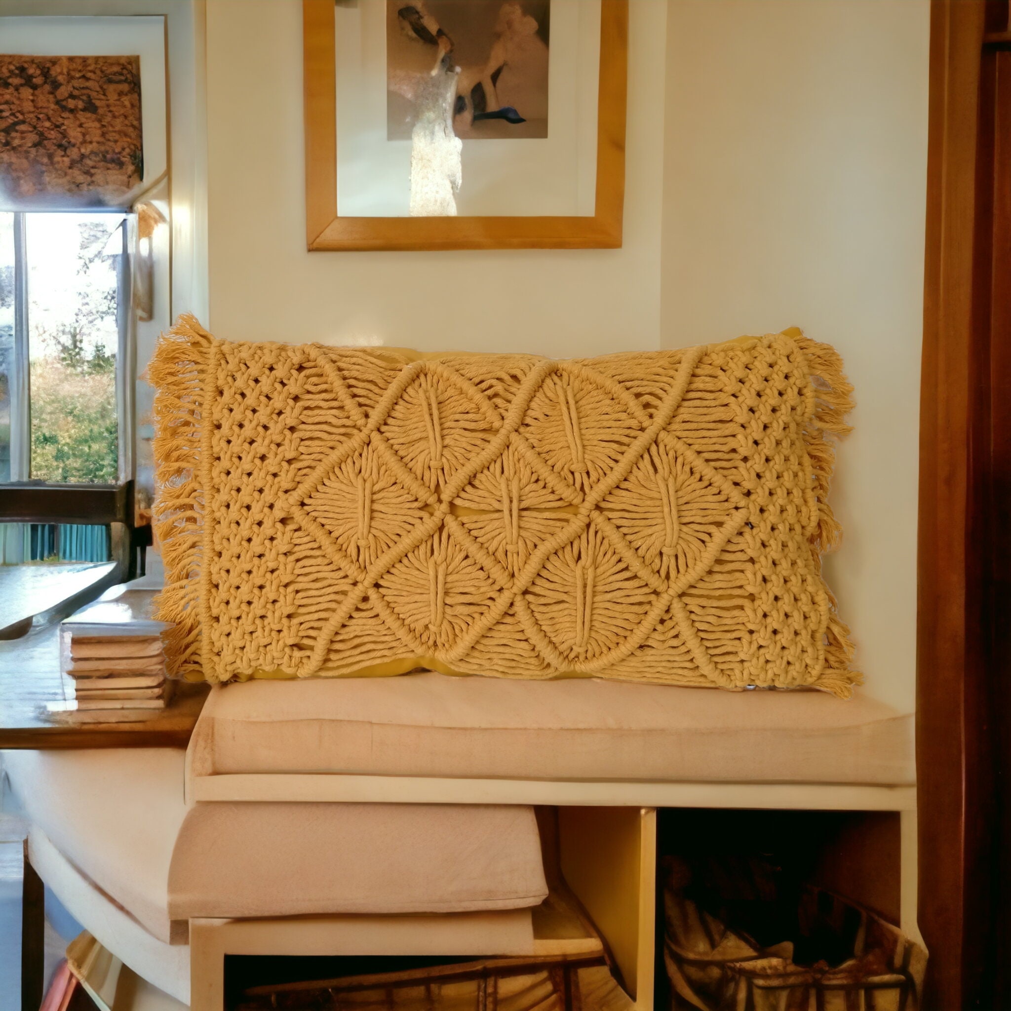 Mustard Floral Macrame Lumbar Cushion,bohemian,throw Pillow,farm House,decoration Pillows,home ...