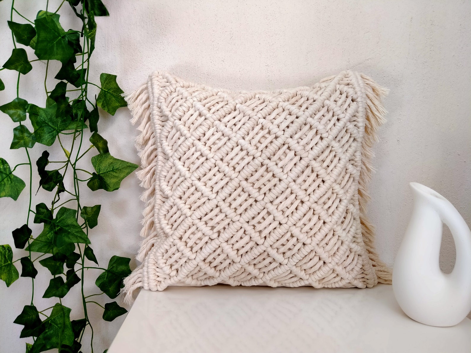 Ivory Hand Knotted Macrame Cushion Cover//bohemian Decoration Pillows ...
