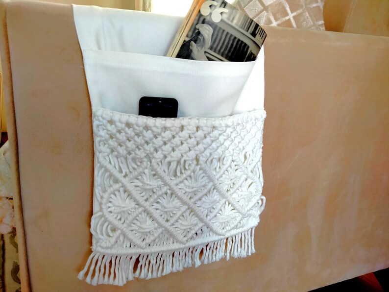White Macrame Sofa Armrest Organizer,remote Control Holder,storage Basket,armchair Organizer ...