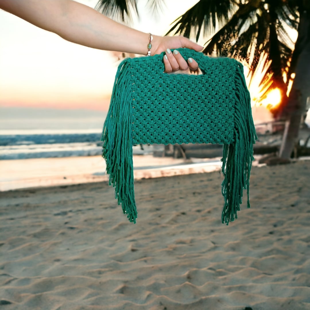 Green Macrame Clutch Bag ,macrame Purse ,fringe Bag ,summer Bag ,hand ...