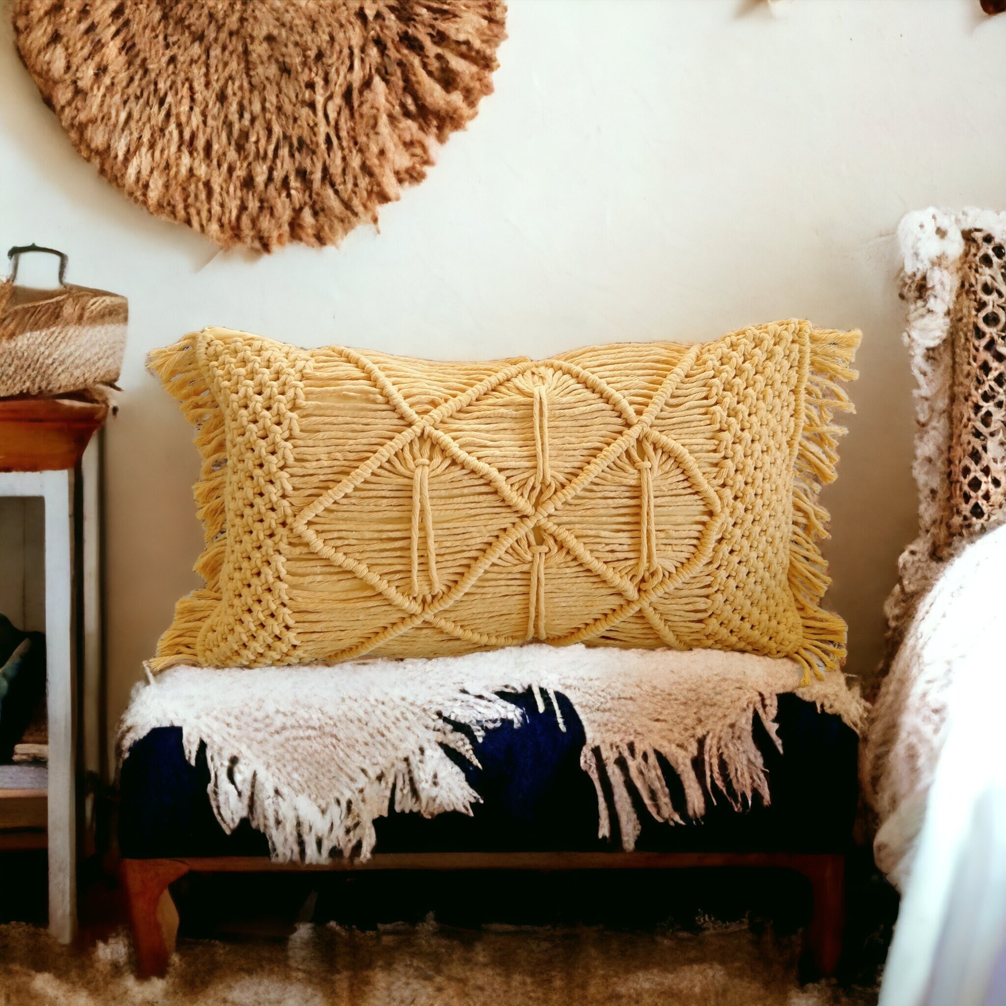 Yellow Floral Macrame Lumbar Cushion ,bohemian ,throw Pillow ,farm House ,decoration Pillows ...